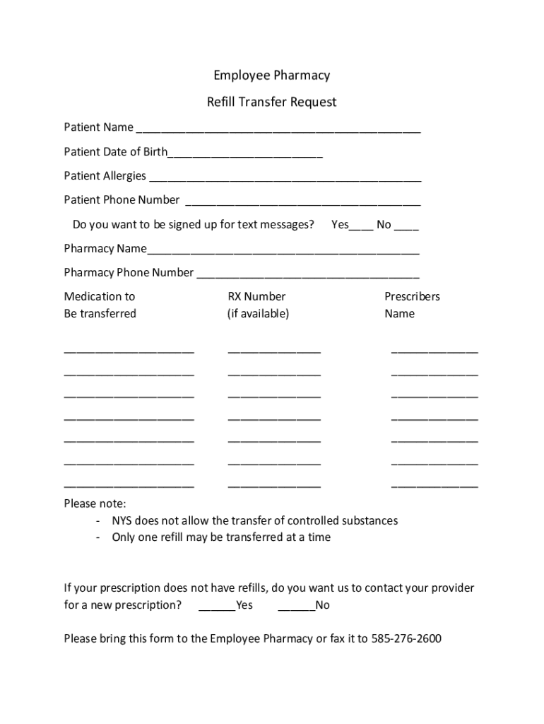 Fillable Online Refill Transfer Request. Employee Pharmacy Refill ...