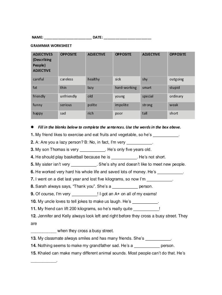 Fillable Online GRAMMAR WORKSHEET - ADJECTIVES (Describing People) Fax ...