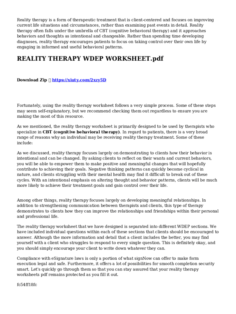 Fillable Online Reality Therapy Worksheet & ExampleFree PDF Download ...