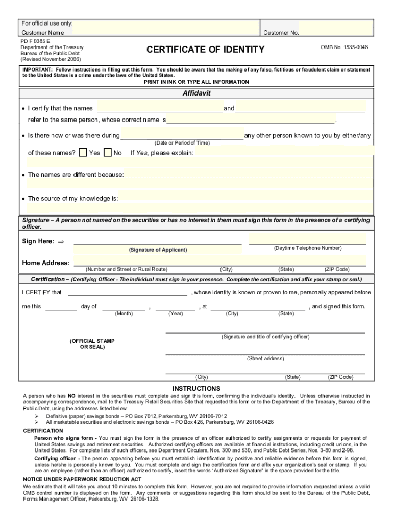 Fillable Online Form PD-F-385 Certificate of Identity - OMB 1535-0048 ...