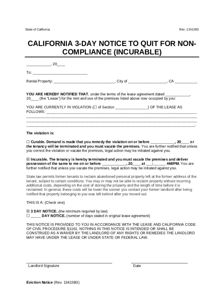 California 3-Day Notice to Quit Non-Compliance ... Doc Template | pdfFiller