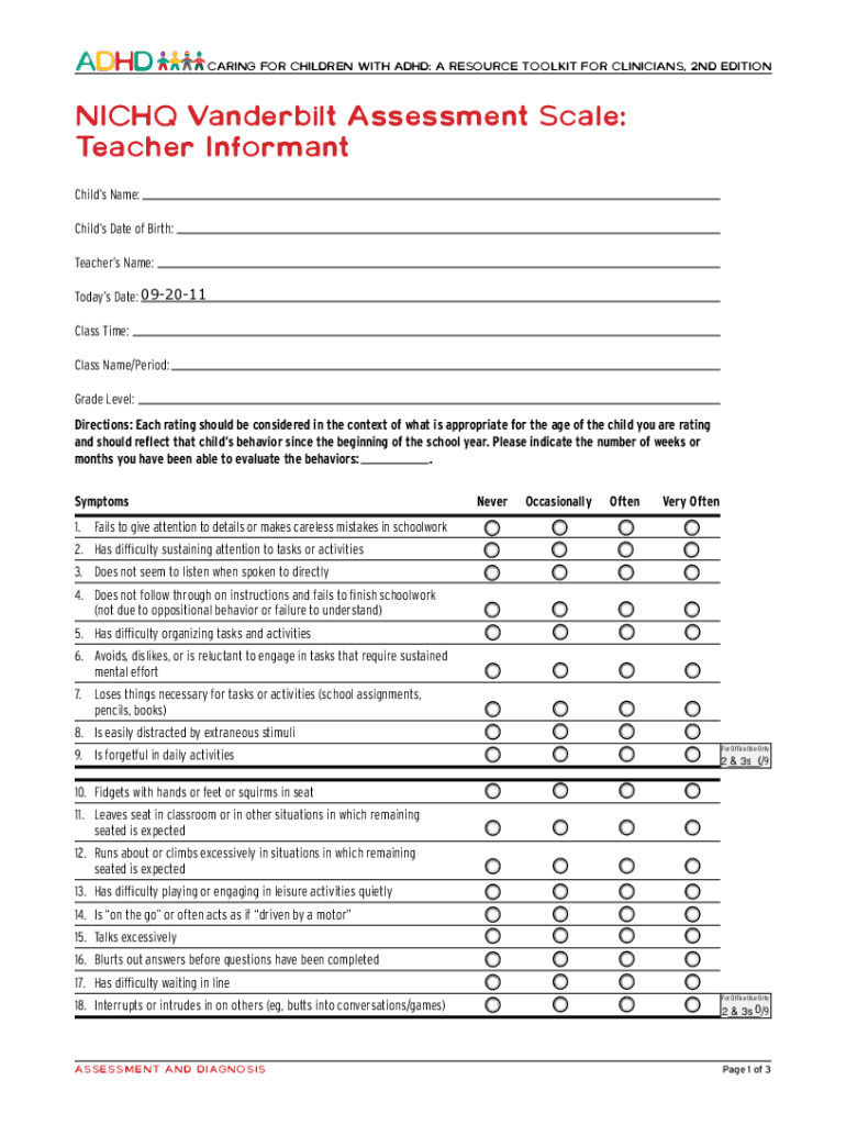 Fillable Online NICHQ Vanderbilt Assessment Scale: Teacher Informant ...