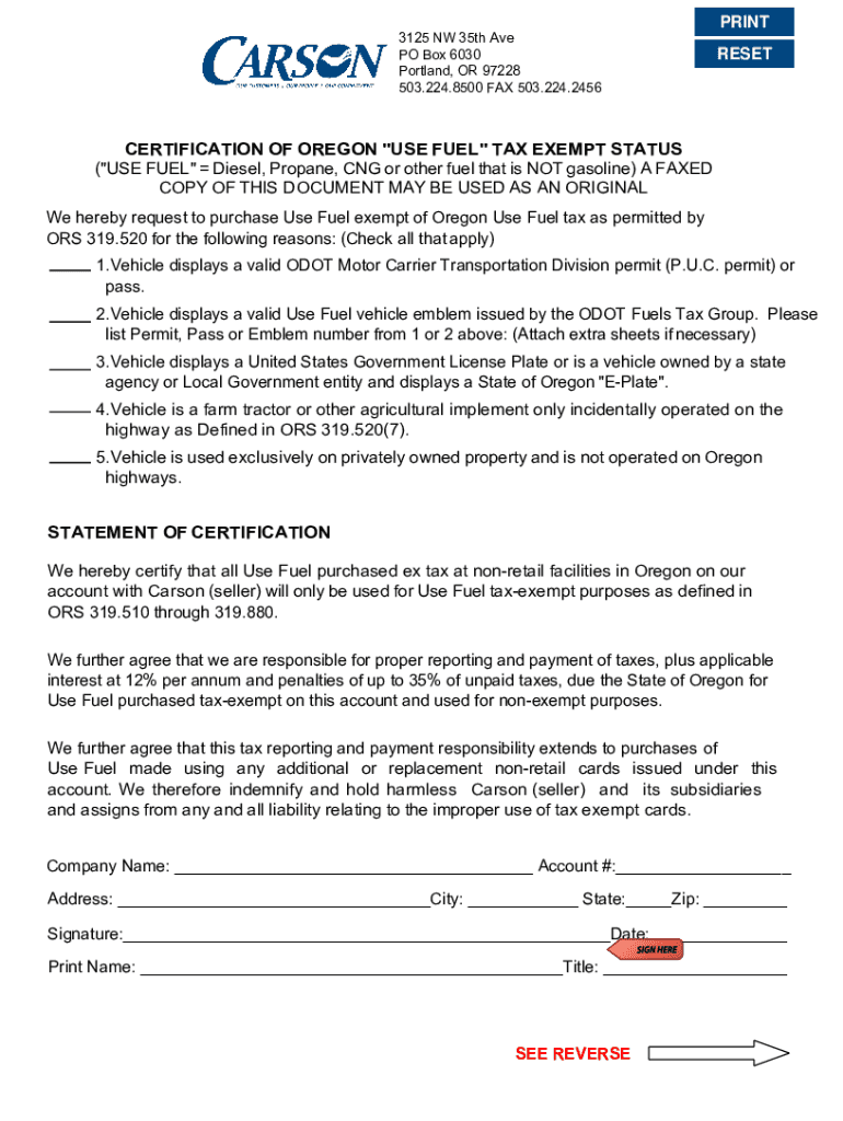 Fillable Online Oregon Department of Transportation : Use Fuel : Fuels ...