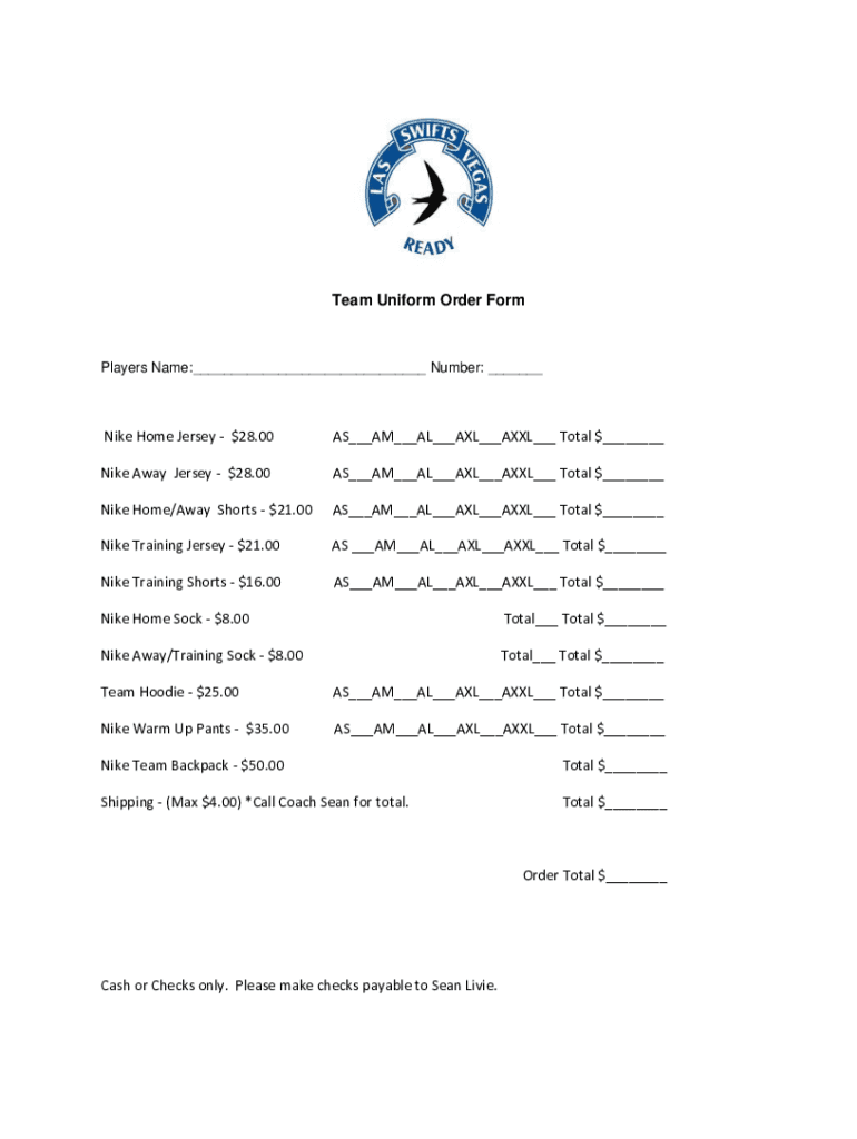 Fillable Online Team Uniform Order Form Nike Home Jersey Fax Email ...
