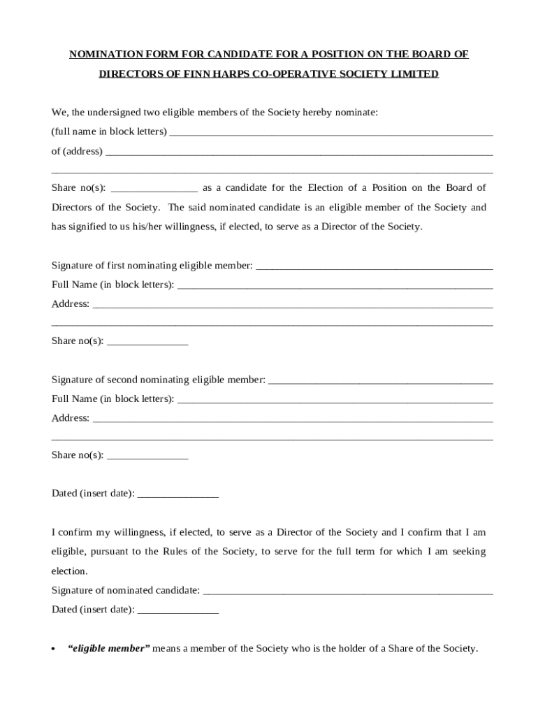 NOMINATION FOR CANDIDATE FOR A POSITION ON THE BOARD OF DIRECTORS OF FINN HARPS CO-OPERATIVE ...