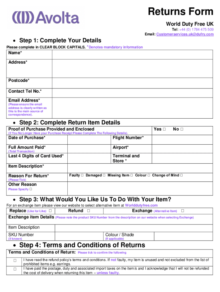 Fillable Online RETURNS FORM - Shop Online at Shop Duty Free Fax Email ...