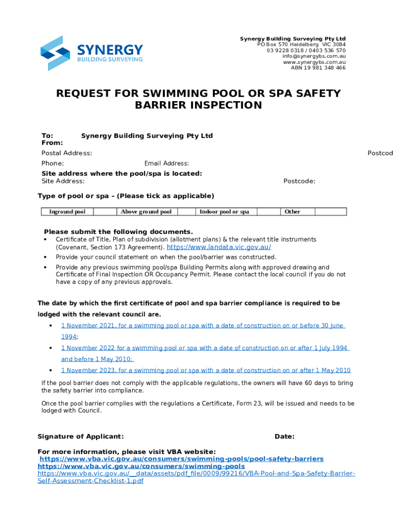 Request for Swimming pool or spa Inspection Doc Template | pdfFiller