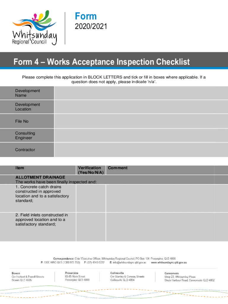 Fillable Online Form 4 Works Acceptance Inspection Checklist Fax Email ...