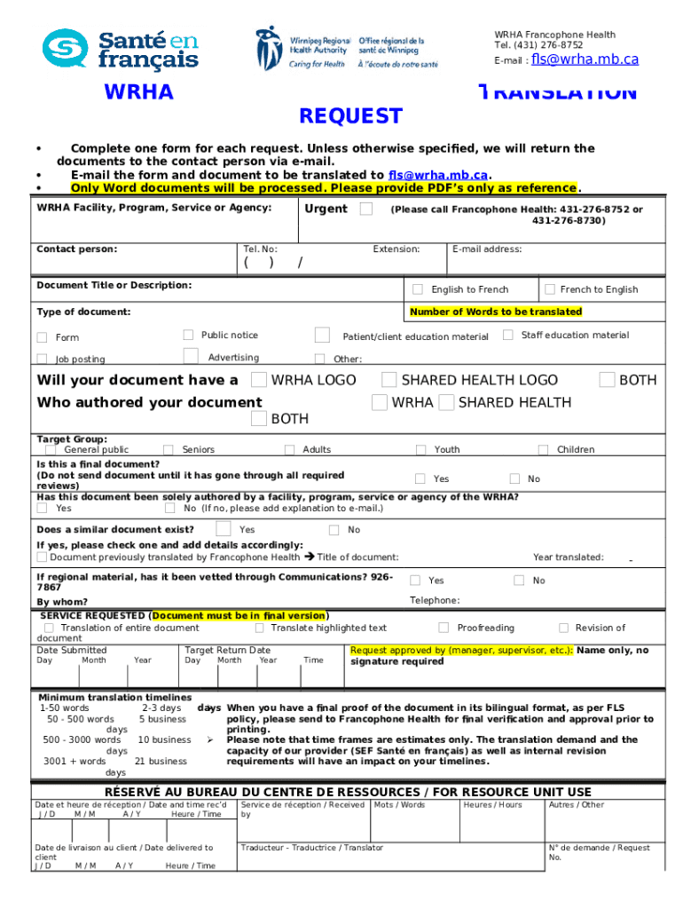 WRHA Translation Request Blank Doc Template | pdfFiller
