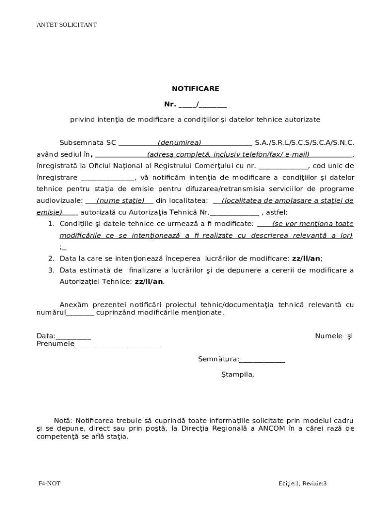 Model cadru de Notificare Doc Template | pdfFiller