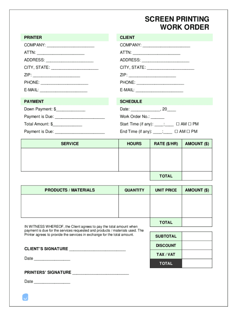 Fillable Online Screen Printing Work Order Template Fax Email Print ...