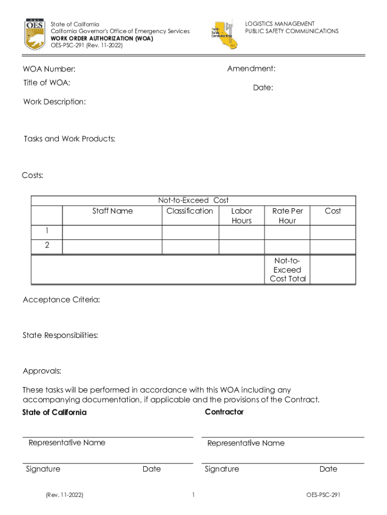 Fillable Online OES-PSC-291 Work Order Authorization Form Fax Email ...