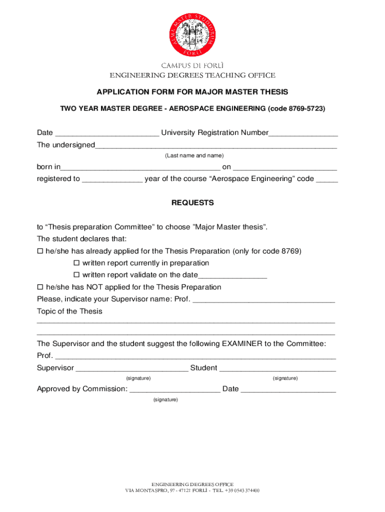 Fillable Online Application form for major master thesis 8763 5723 Fax ...