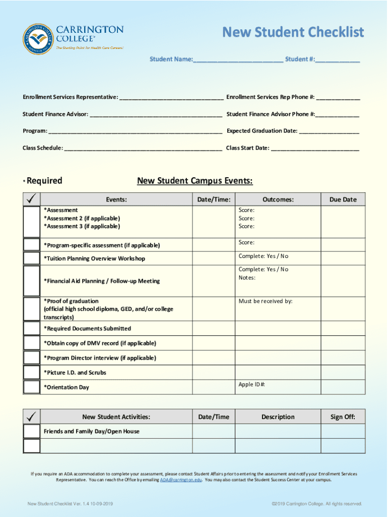 Fillable Online New Student Checklist Enrollment Financial Aid Housing & ... Fax Email Print ...