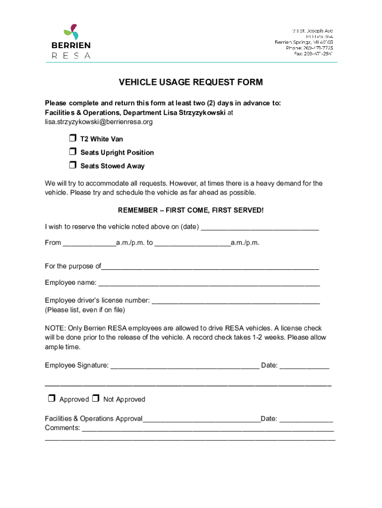 Fillable Online vehicle usage request form Fax Email Print - pdfFiller
