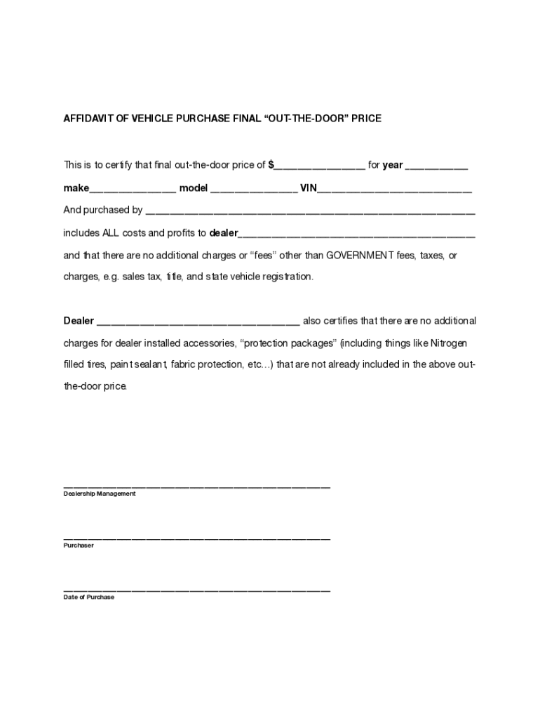 Fillable Online affidavit of vehicle purchase final out-the-door price ...