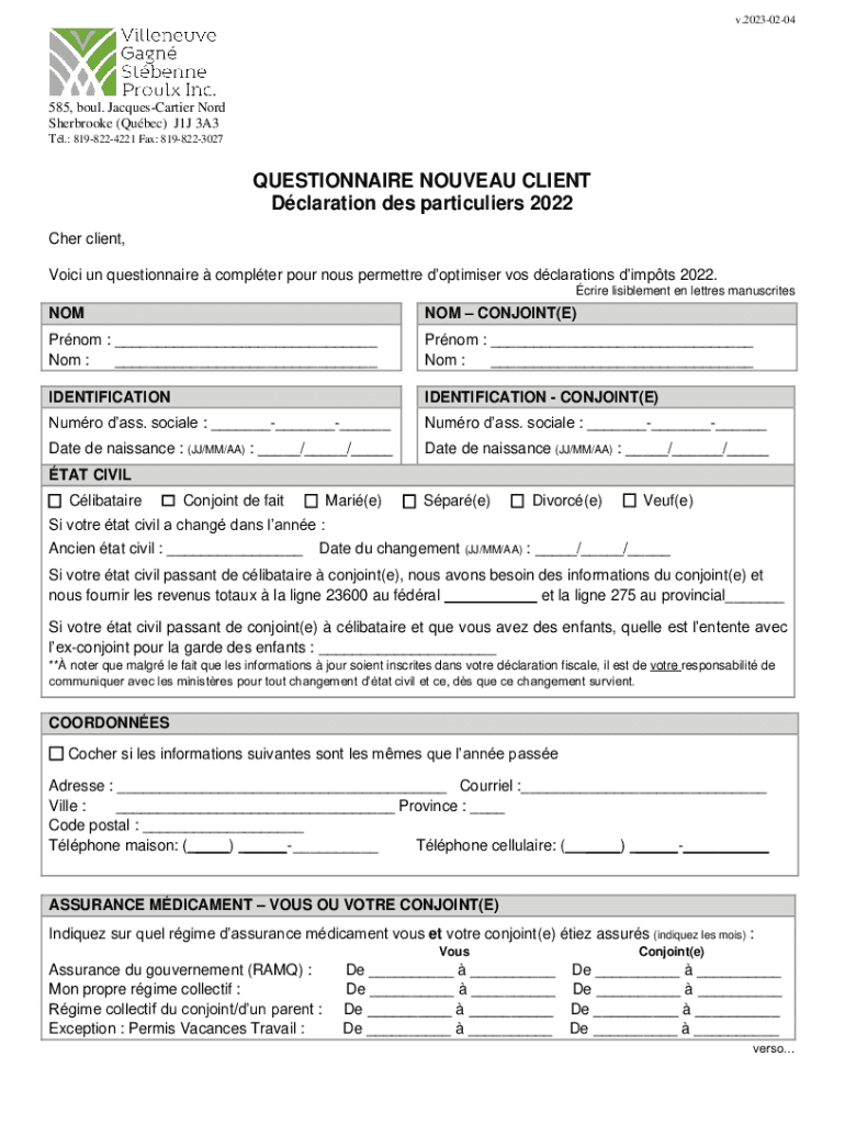 Remplissable En Ligne Questionnaire de nouveau client Fax Email ...