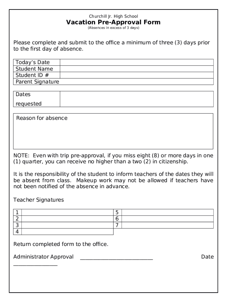 Churchill High School Request for Prearranged Absence Doc Template ...