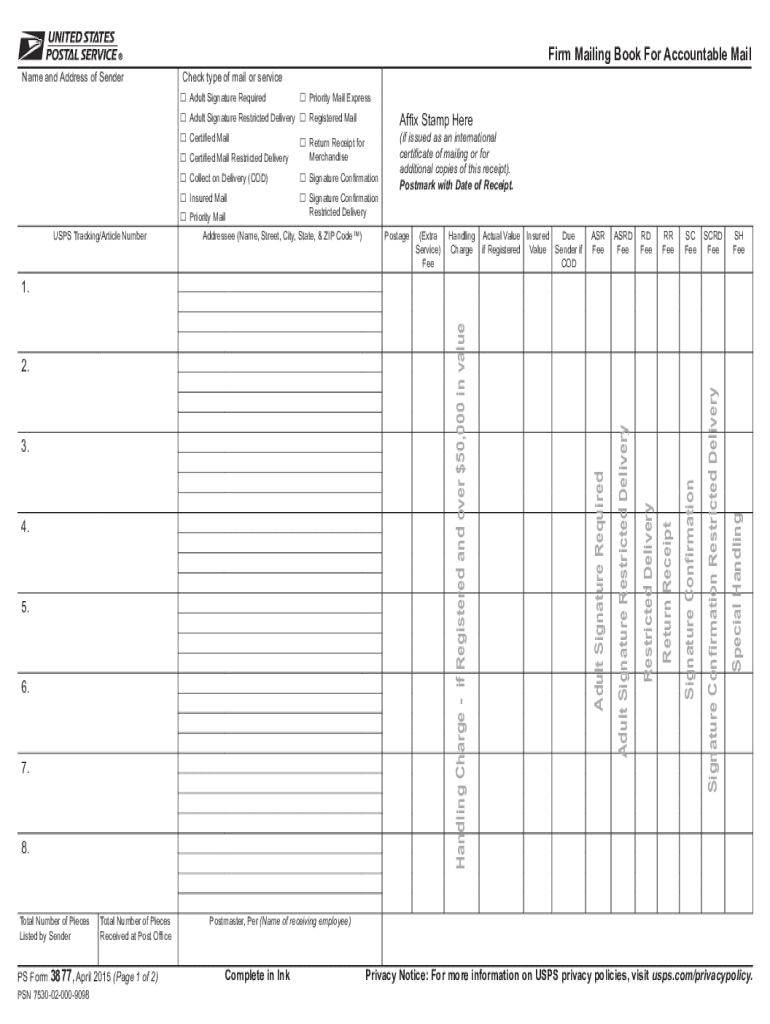 Fillable Online PS Form 3877. Firm Mailing Book for Accountable Mail ...