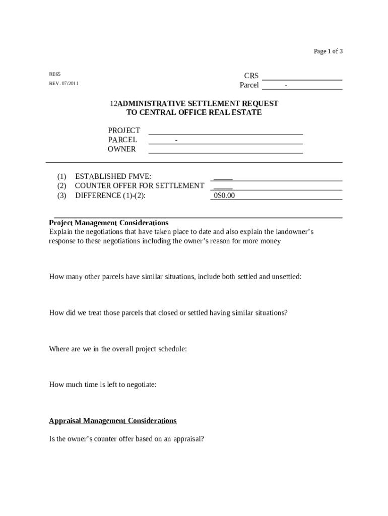 RE 65Request for Administrative Settlement Doc Template | pdfFiller