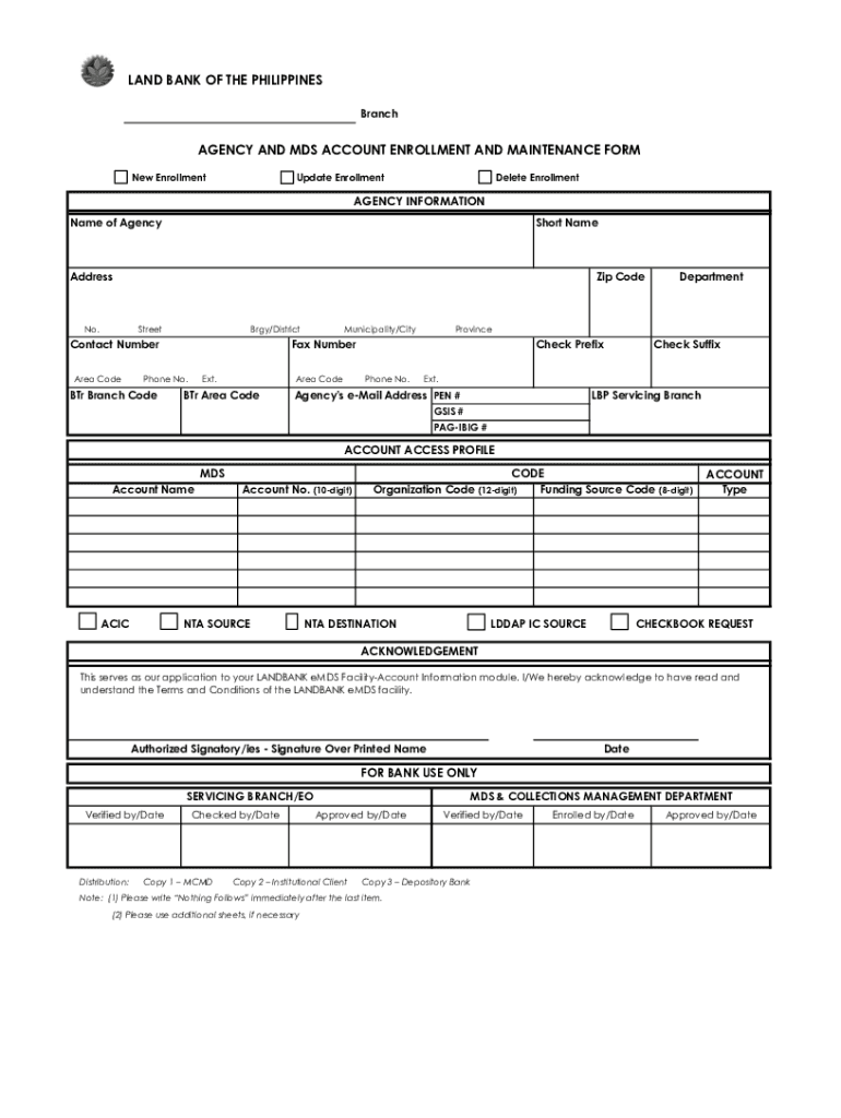 Fillable Online agency and mds account enrollment and maintenance form ...