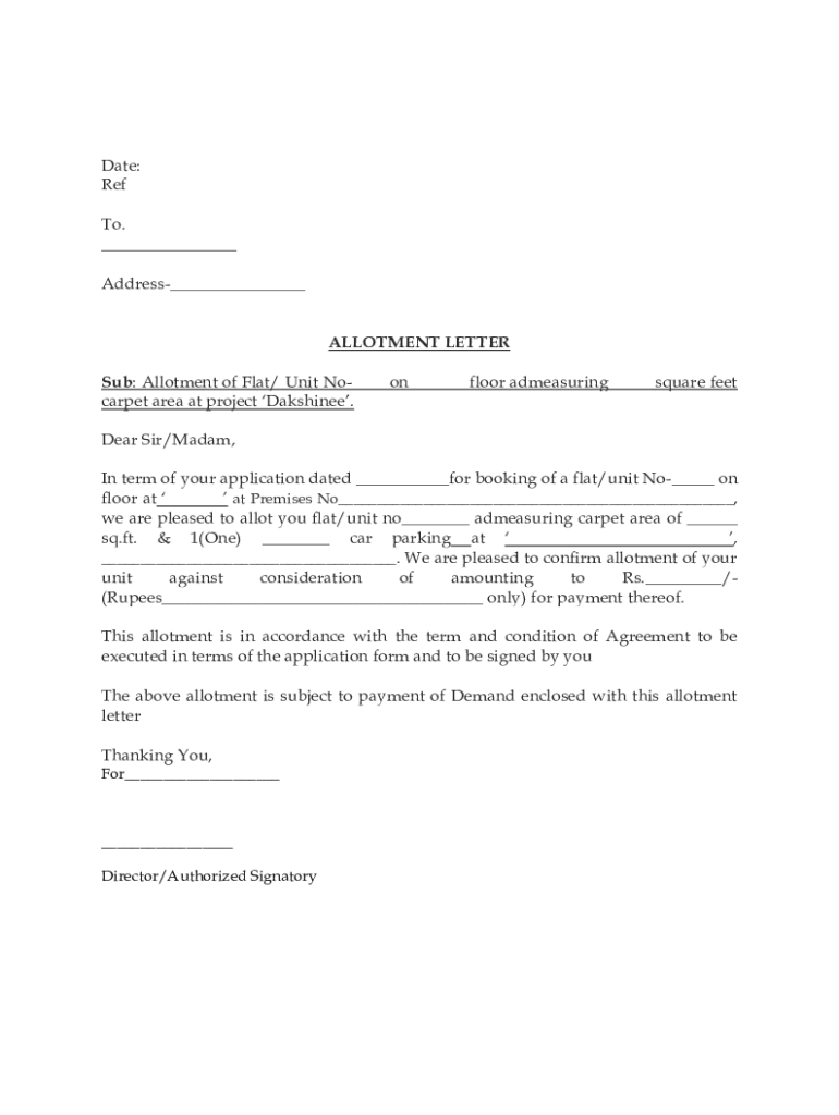 Fillable Online ALLOTMENT LETTER Sub : Allotmnet of FLAT / UNIT No. Fax ...