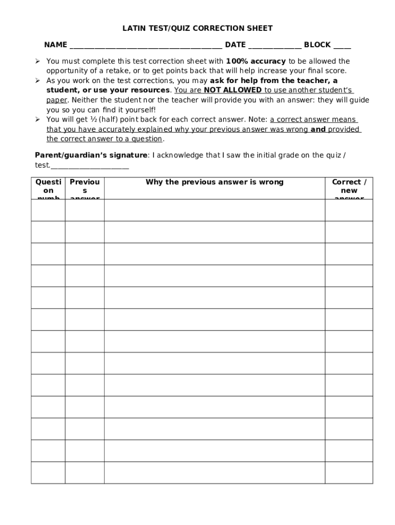 Test and quiz correction sheet.docx Doc Template | pdfFiller