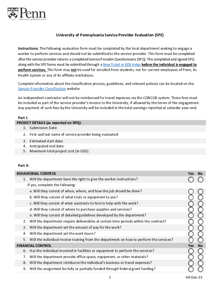Fillable Online University of Pennsylvania Service Provider Evaluation ...