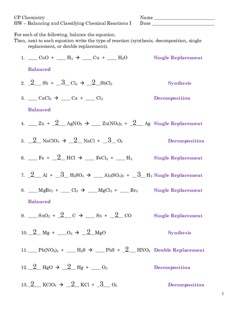 Fillable Online HWBalancing and Classifying Chemical Reactions I Date ...