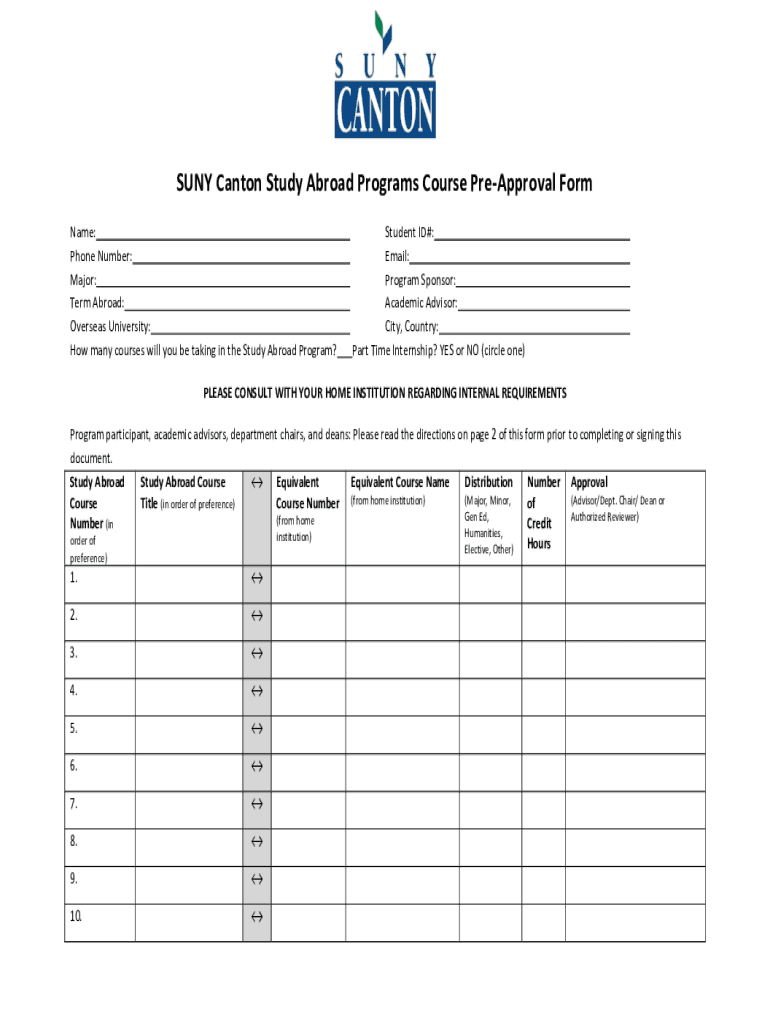 Fillable Online Study Abroad Programs Course Pre-Approval Form Fax Email Print - pdfFiller