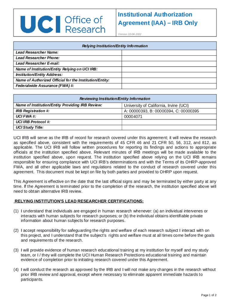 Institutional Authorization Agreement (IAA)IRB Only - research uci Doc Template | pdfFiller