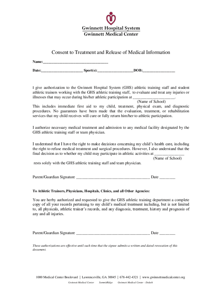 Fillable Online Athletic Training - Medical Consent / Authorization for ... Fax Email Print ...