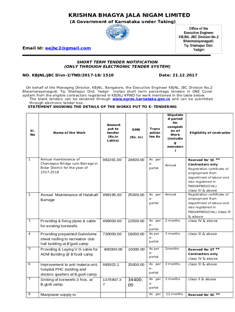 Tender Notifications - KRISHNA BHAGYA JALA NIGAM ... Doc Template | pdfFiller