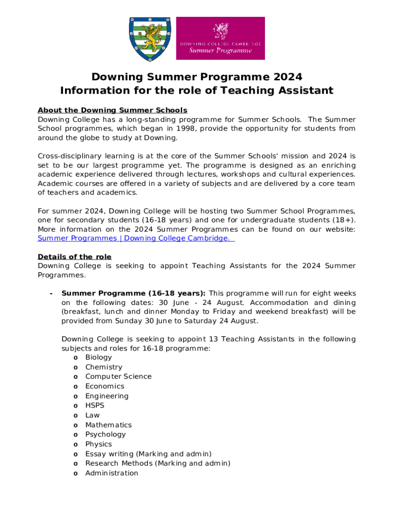 Ination for the role of Teaching Assistant Downing ... - dow cam ac Doc Template | pdfFiller