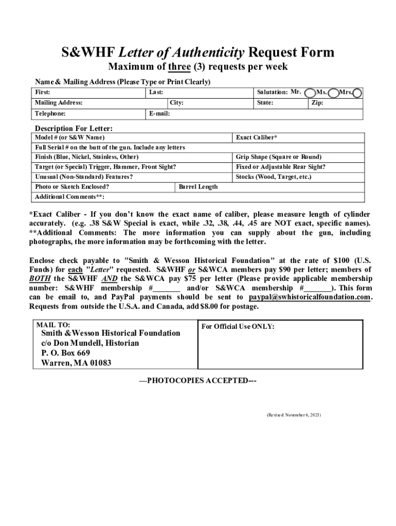 Fillable Online S&W History Request Form Fax Email Print - pdfFiller