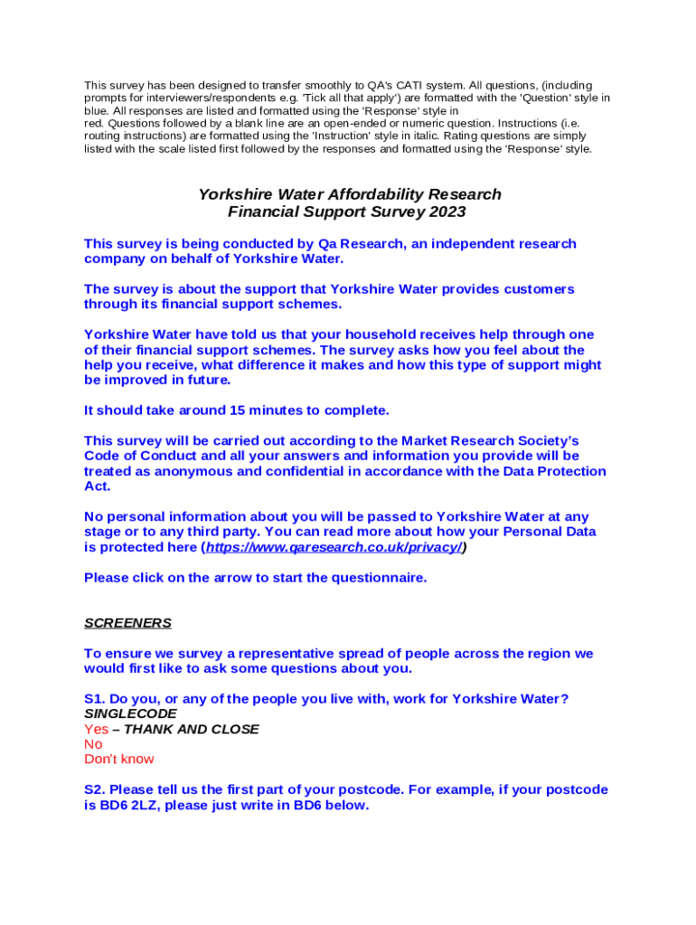 Yorkshire Water Affordability Research Financial Support Survey ... Doc ...