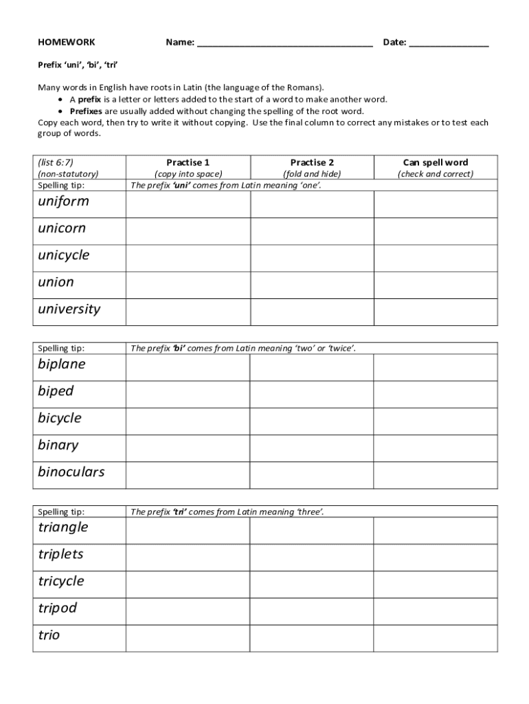 Fillable Online Prefixes, Vocabulary skills, Root words - uni-, bi ...
