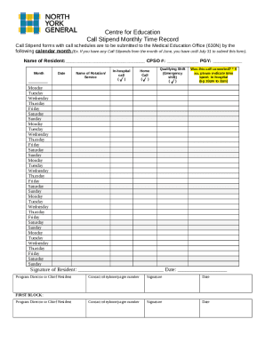 Sunnybrook Health Sciences Centre - Call Stipend Monthly Time Record ...