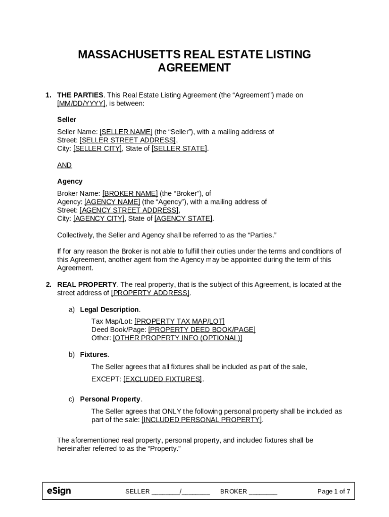 Massachusetts Real Estate Agent Listing Agreement Doc Template | pdfFiller