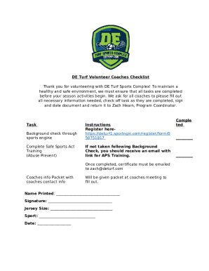 Volunteer Coaches Checklist Doc Template | pdfFiller