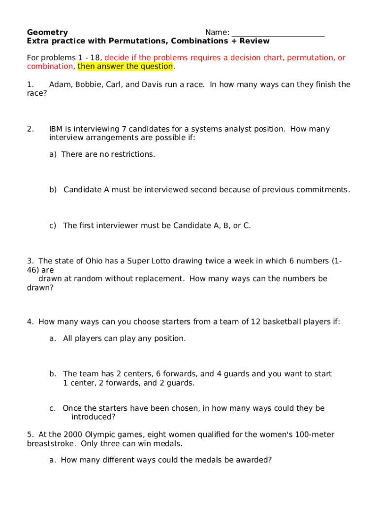 12-3 Probability with Permutations and Combinations Doc Template ...