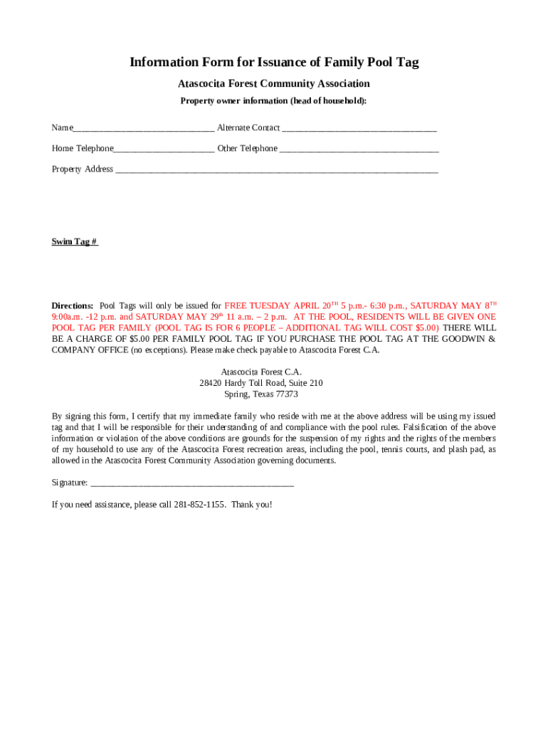 Ination for Issuance of Pool Tags Doc Template | pdfFiller