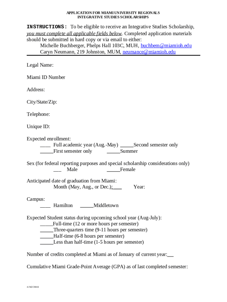APPLICATION FOR MIAMI UNIVERSITY REGIONAL CAMPUS Doc Template | pdfFiller