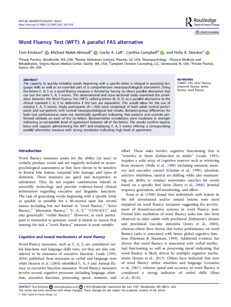 Fillable Online Word Fluency Test (WFT): A parallel FAS alternative Fax ...