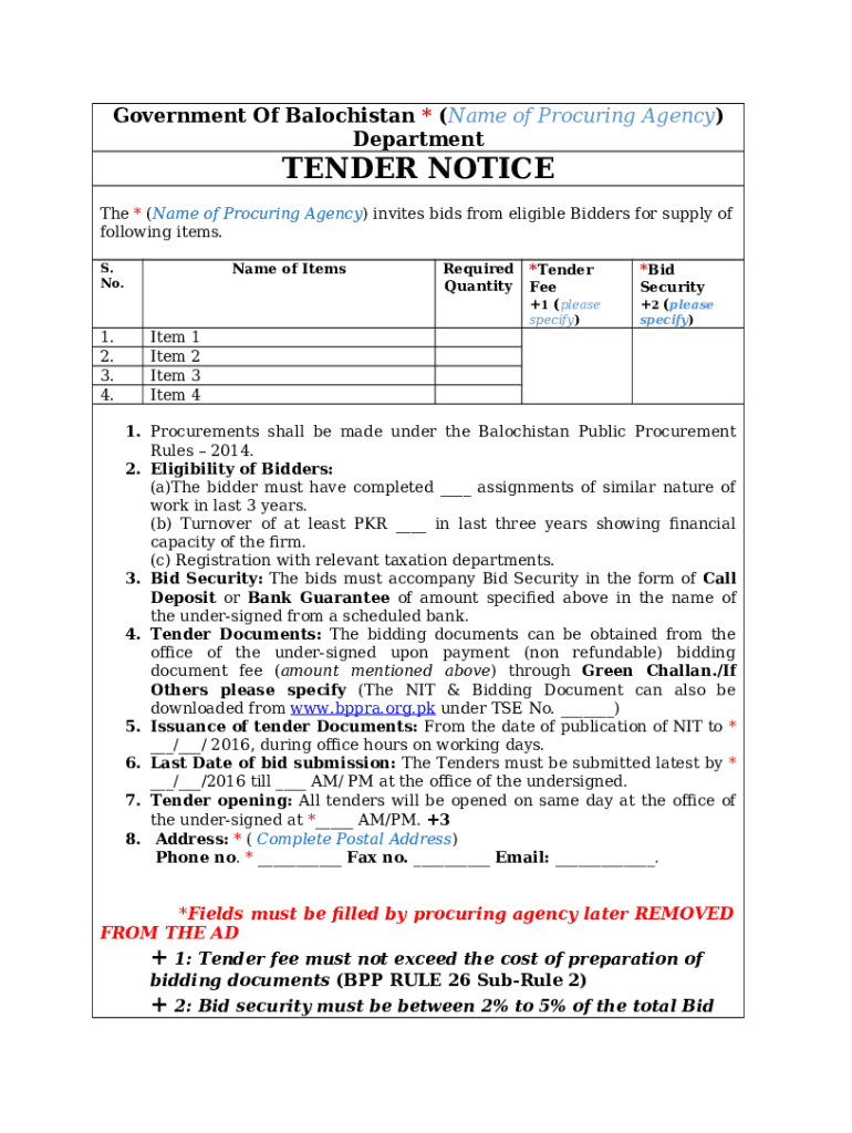 Government Of Balochistan * (Name of Procuring ... - Tenders Doc Template | pdfFiller
