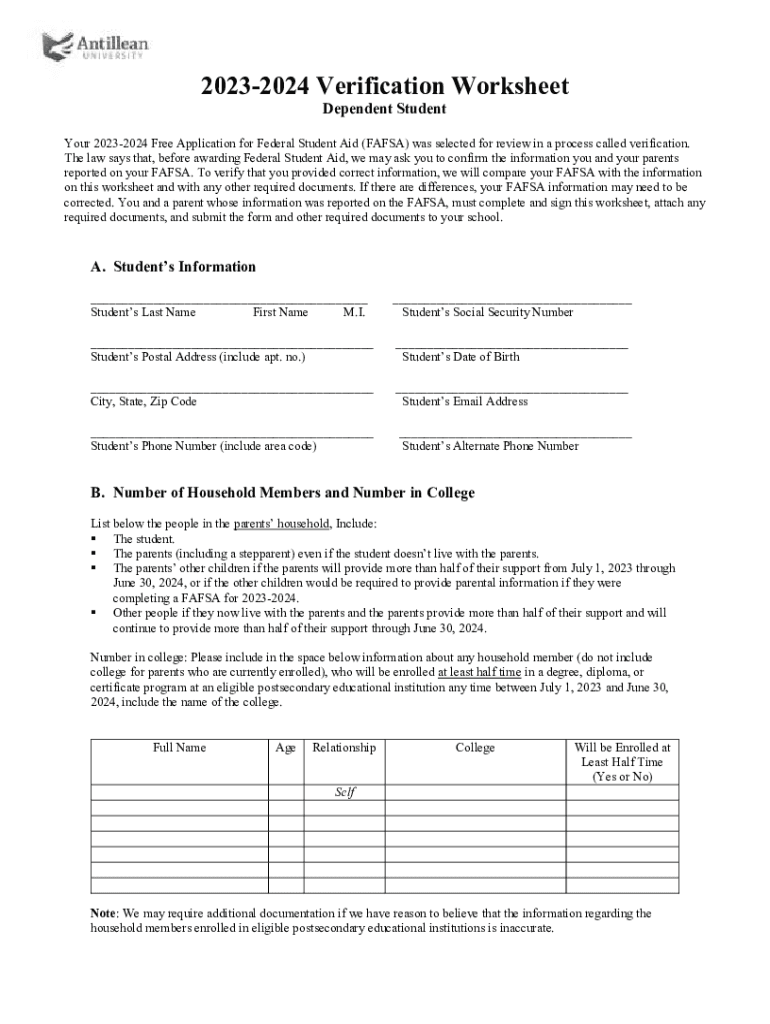 Fillable Online Verification Worksheet Dep 23-24 Fax Email Print - pdfFiller