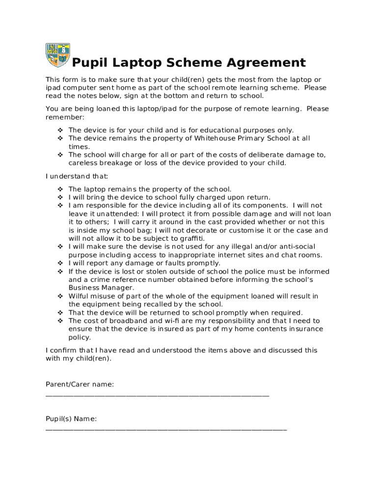 Laptop Loan Agreement - Whitehouse Primary School Doc Template | pdfFiller