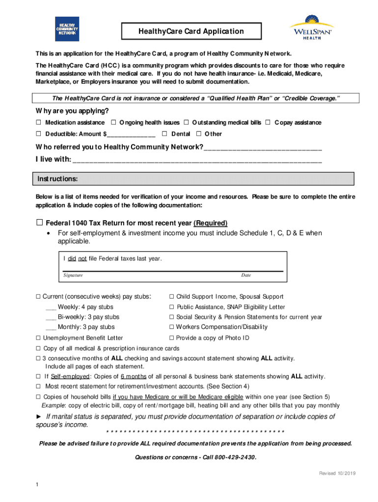 Fillable Online HealthyCare Card - Healthy Community Network serving ...