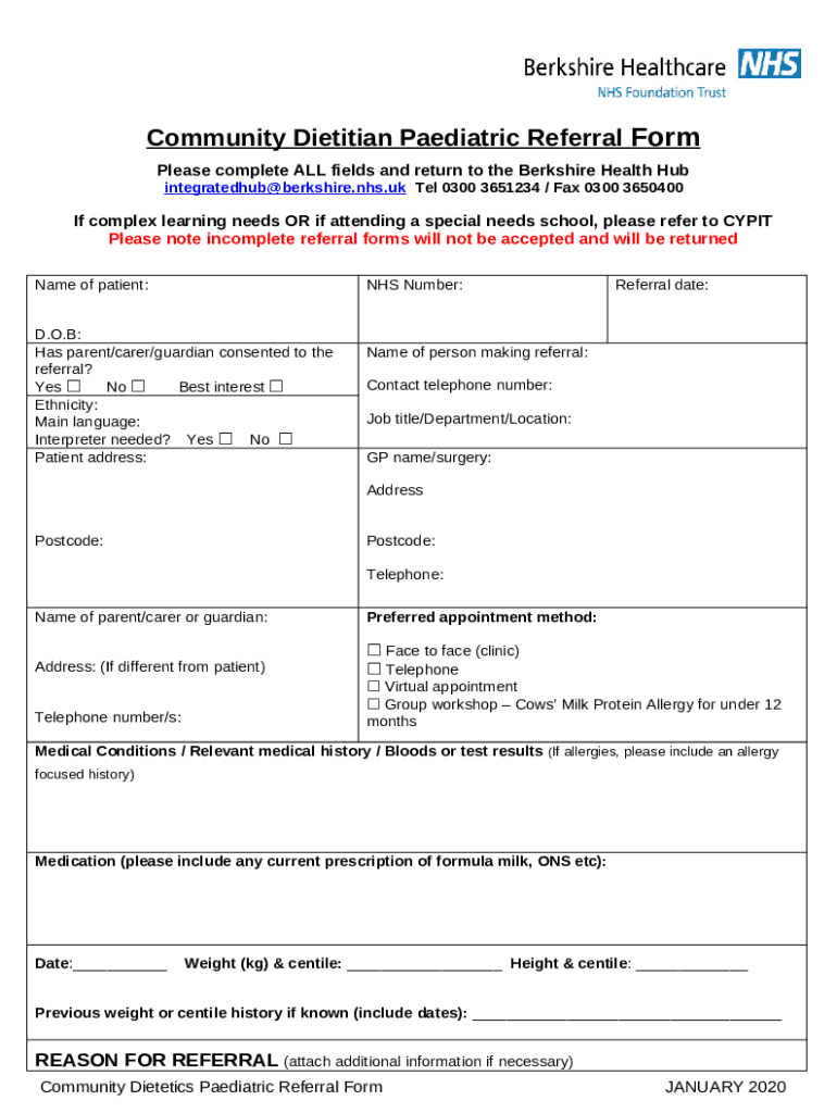 Community Paediatric Dietetic Referral For Special ... Doc Template ...