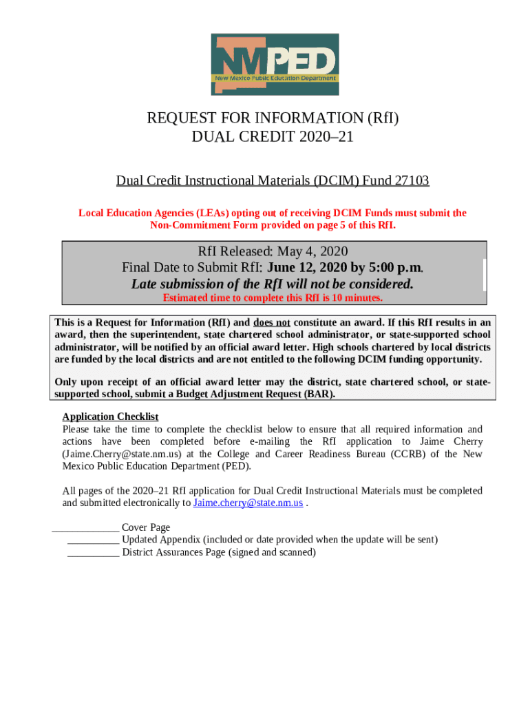 REQUEST FOR INATION (RfI) DUAL CREDIT 201920 Doc Template | pdfFiller
